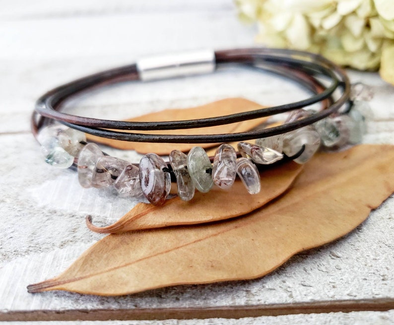 Quartz Leather Bracelet - Rutile Quartz Bracelet - Leather Gemstone ...