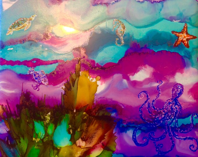 Alcohol Ink Original Art on Ceramic Tile Sea Creatures Ocean Abstract ...