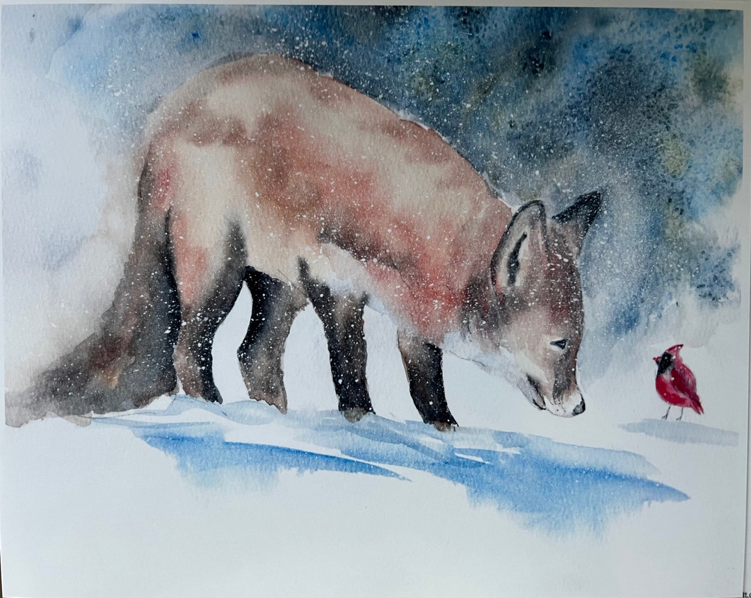 Fox and Cardinal, Watercolor, Art Print Winter Scene - Etsy