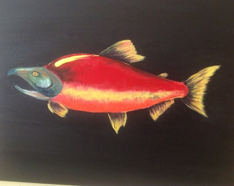 Salmon on a Moon Lite Run original Acrylic Fish Painting - Etsy