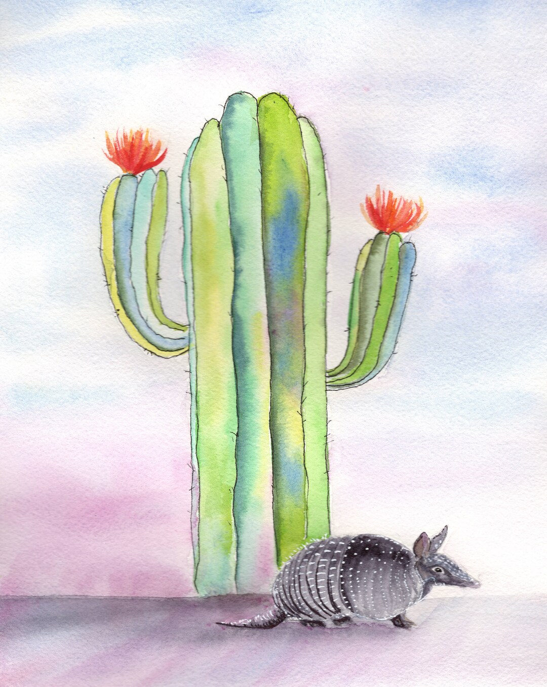 Cactus and Armadillo Texas Watercolor Art Print Whimsical Saguaro - Etsy