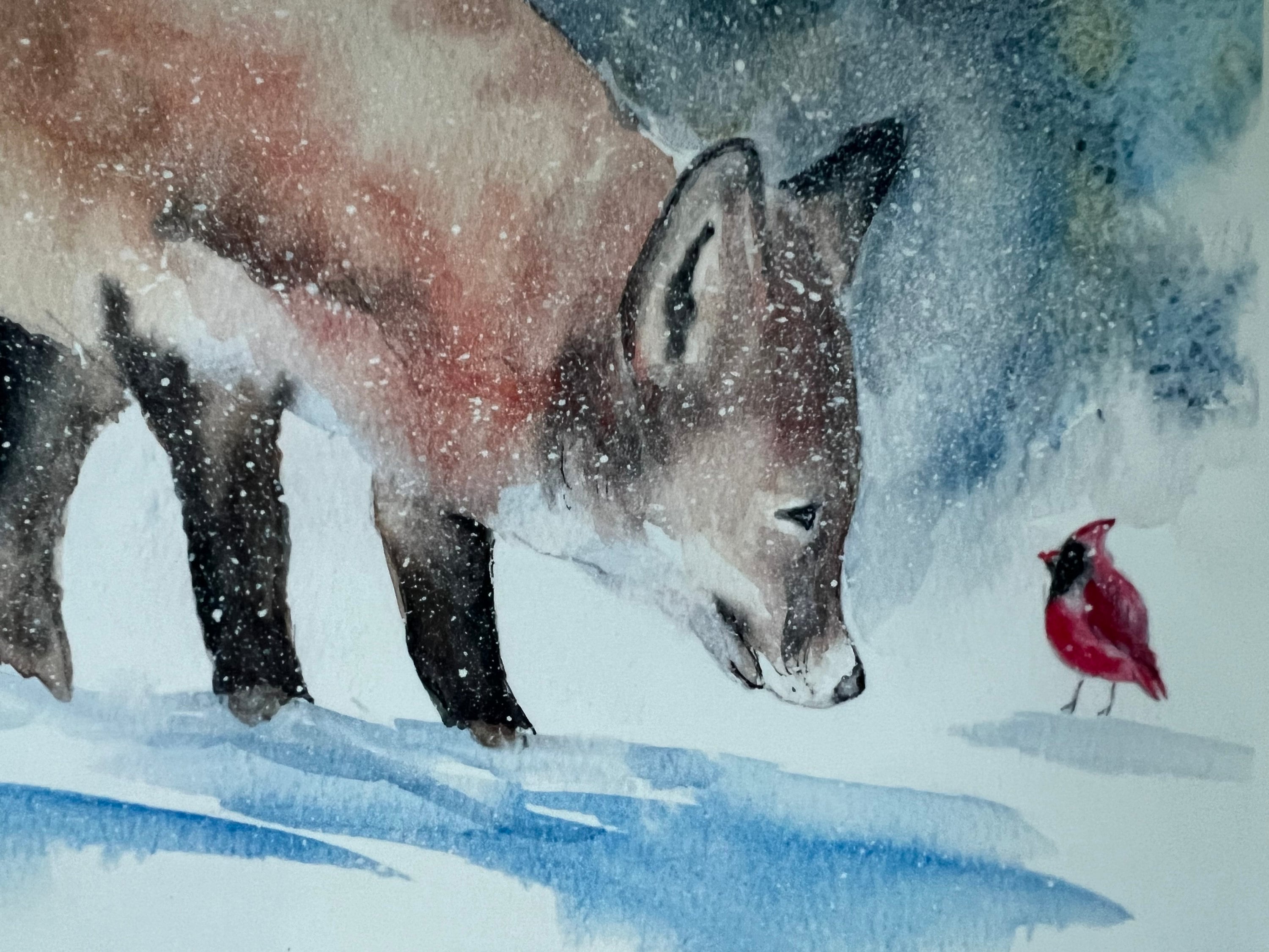 Fox and Cardinal Watercolor Art Print Winter Scene - Etsy
