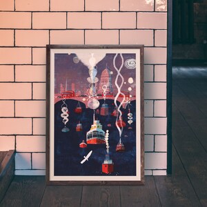 London Print, Abstract Wall Art, Red Poster, England Illustration, Navy ...