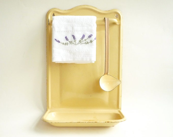 Vintage French Enamel Utensil Rack and Ladle - Towel Holder Drip Tray ...