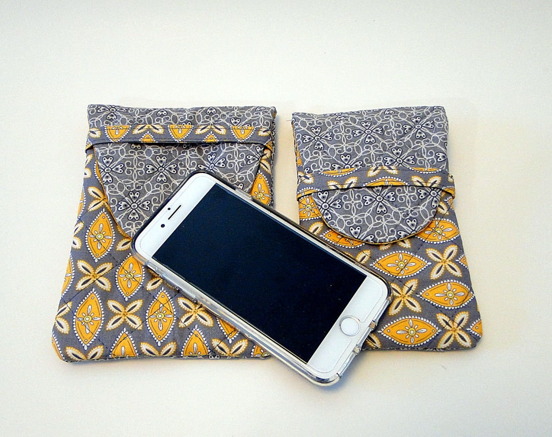 Quilted Phone Case: Gray & Yellow Fabric Bag, Eyeglass Protection - Etsy