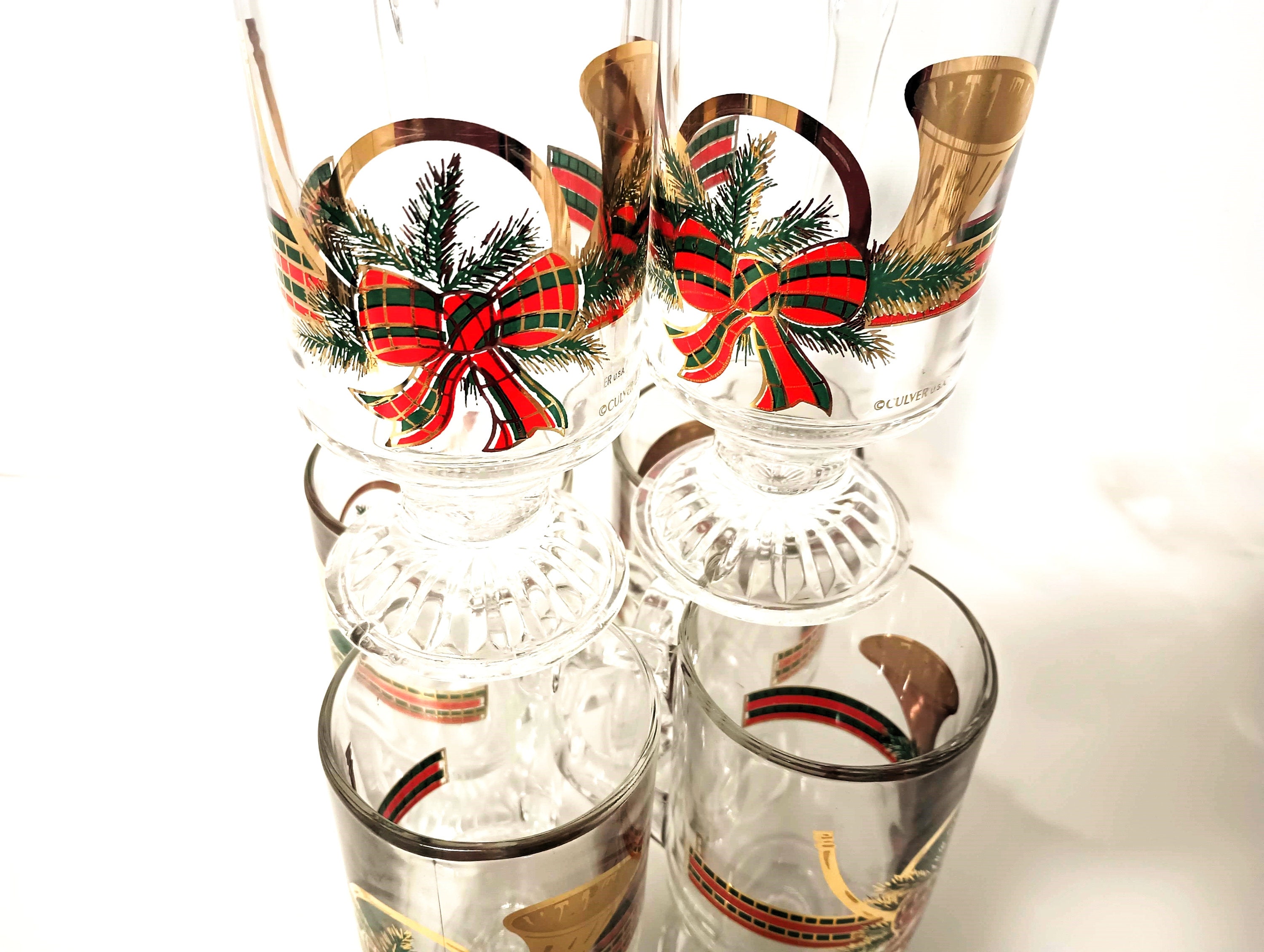 Vintage Culver Yule Horn Glass Footed Mugs. French Horn With Spruce ...