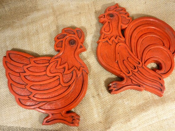 Chicken Ceramic Wall Plaques Orange Hen and Crowing Rooster - Etsy
