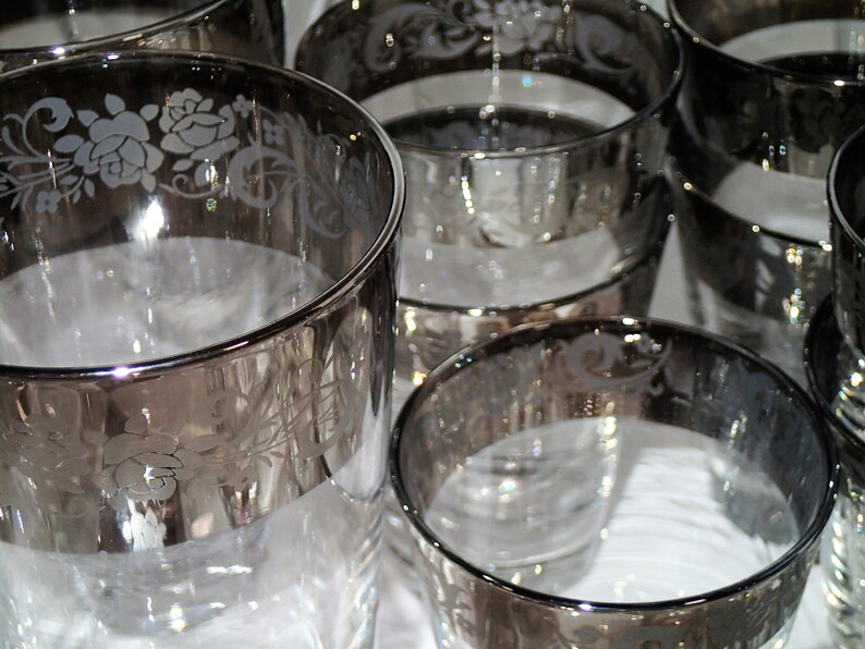 Vitreon Queen's Luster Cocktail Glasses: Embossed Silver Banded Barware ...