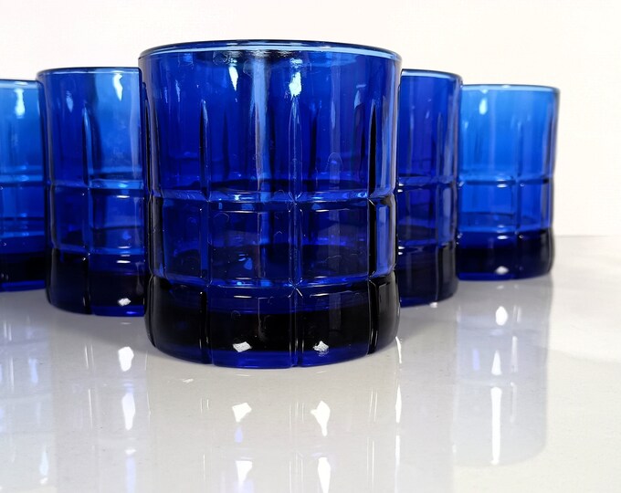 Anchor Hocking Cobalt Blue Tartan Glassware Set of 5 Vintage Old ...