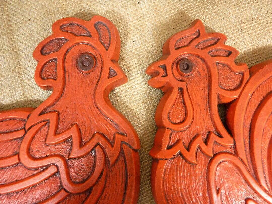 Chicken Ceramic Wall Plaques, Orange Hen and Crowing Rooster Farmhouse ...