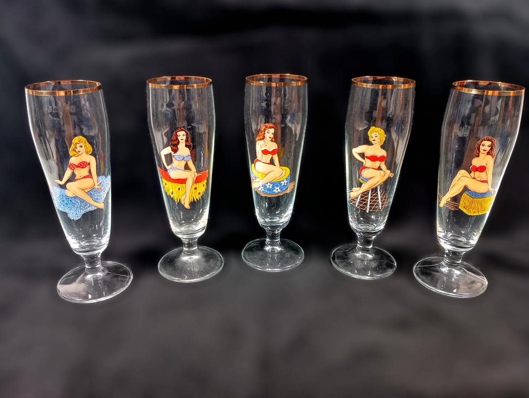 Vintage 1950s Peek-a-boo Pin-up Girl Pilsner Glasses | Set of 5 Naughty ...