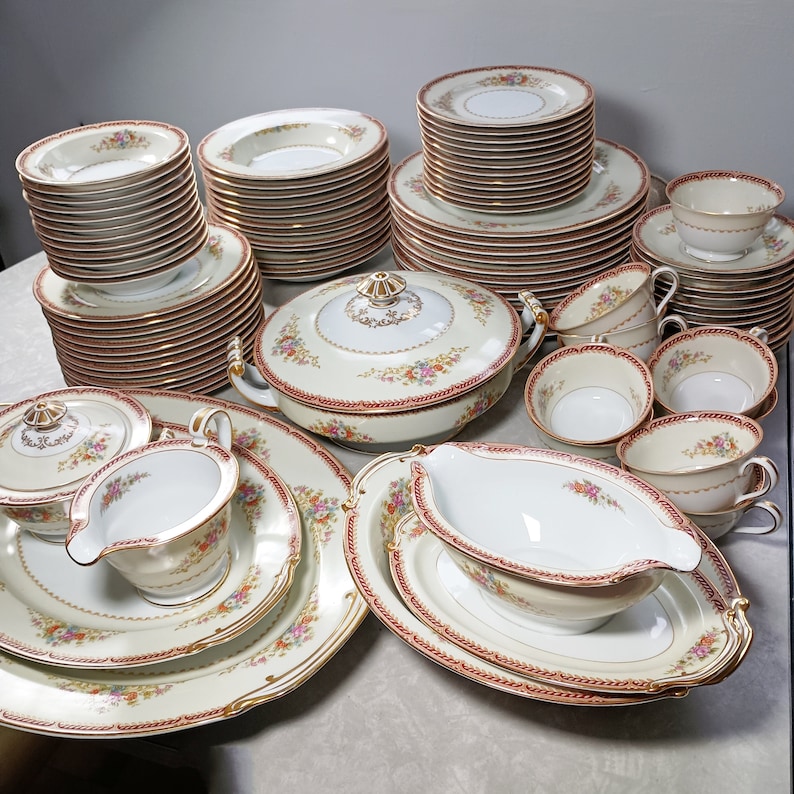 Vintage Rose China Japan RO6 Maroon Laurel Gold Trim Dinnerware Set ...