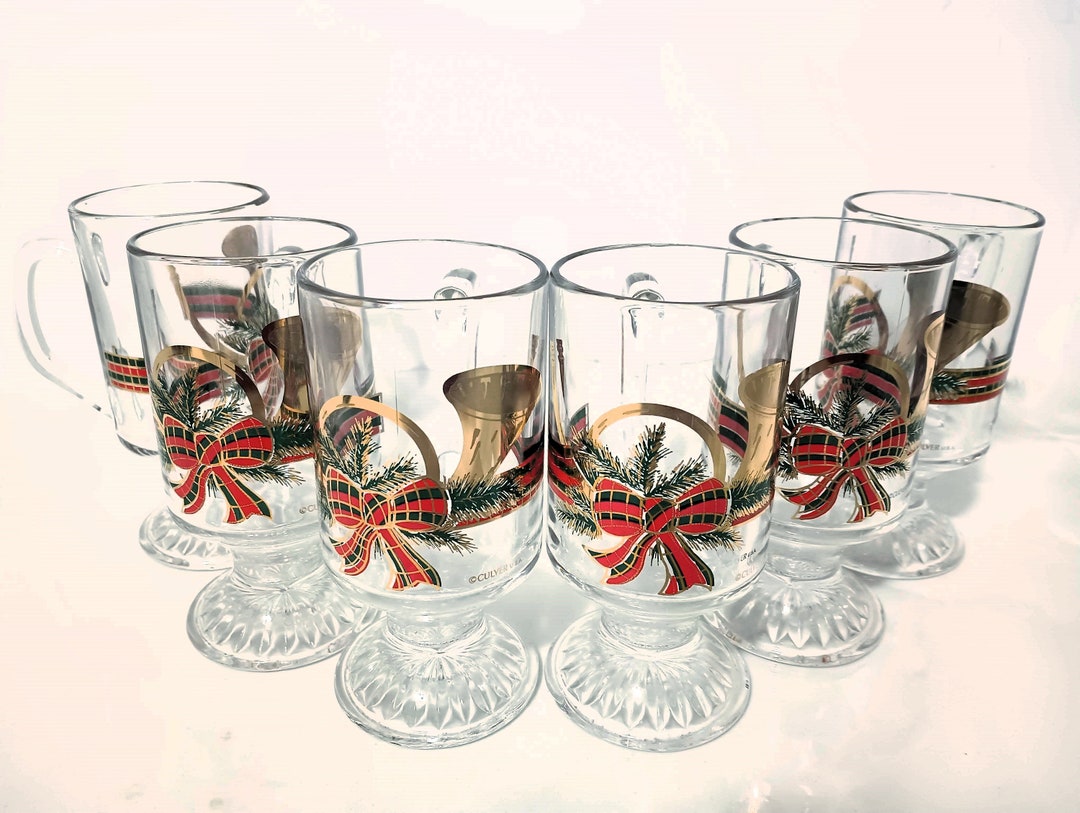 Vintage Culver Yule Horn Glass Footed Mugs. French Horn With Spruce ...
