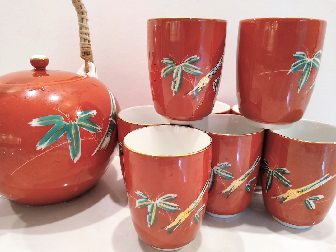 Vintage Japanese Tea Set, 1950s Bright Red Orange With Hand Painted ...