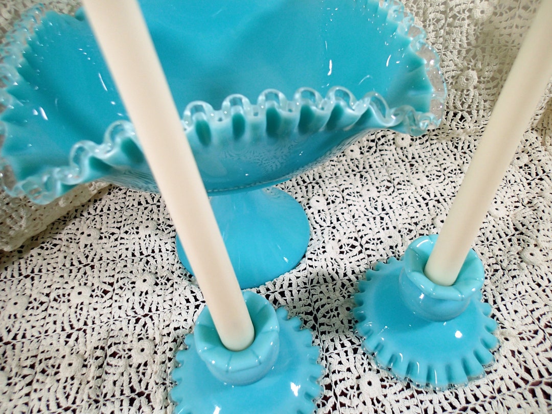 Vintage Fenton Turquoise Silvercrest Art Glass Square Pedestal Bowl ...