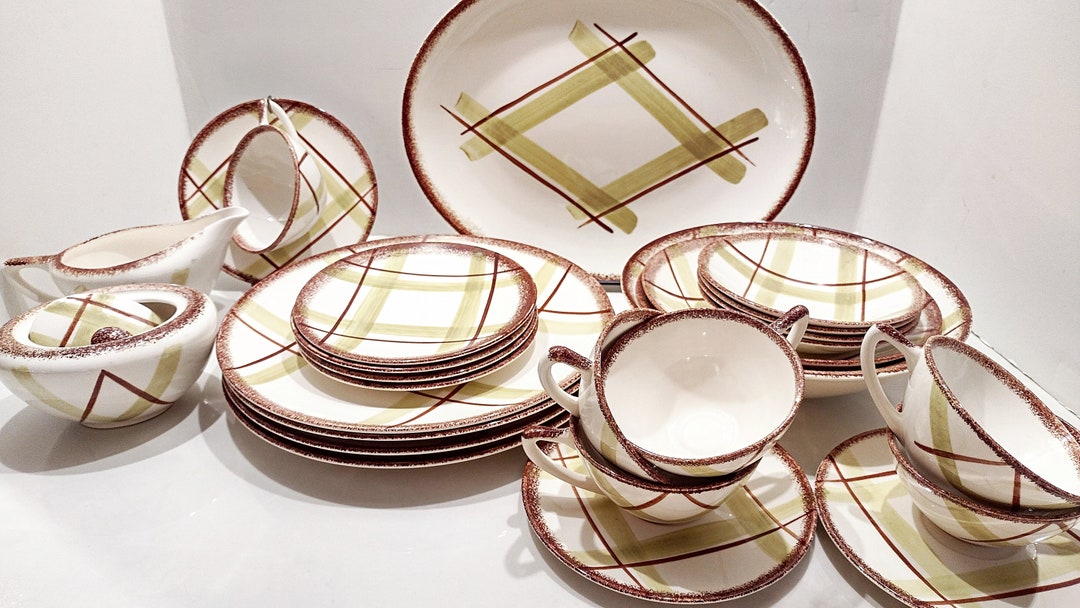 Mid Century Edwin Knowles Green and Brown Plaid Dinnerware Set. 28 ...