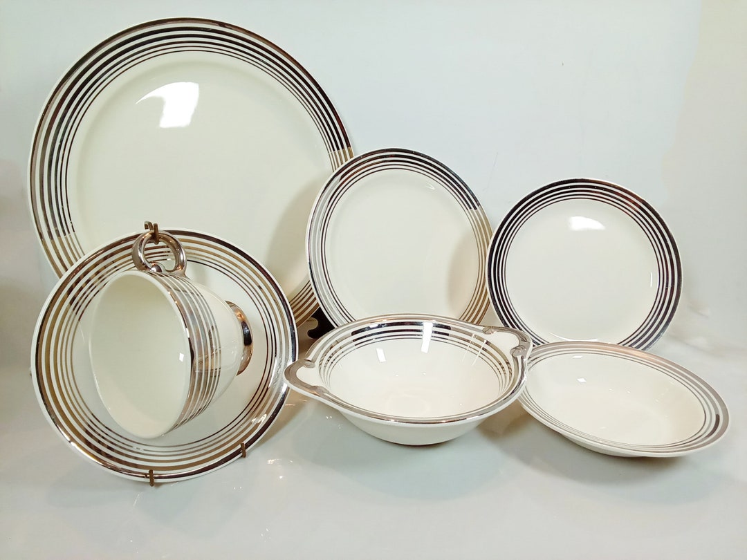 Taylor Smith Taylor Platinum Rings on Ivory Art Deco Dinnerware From the 1940's Place Settings ...