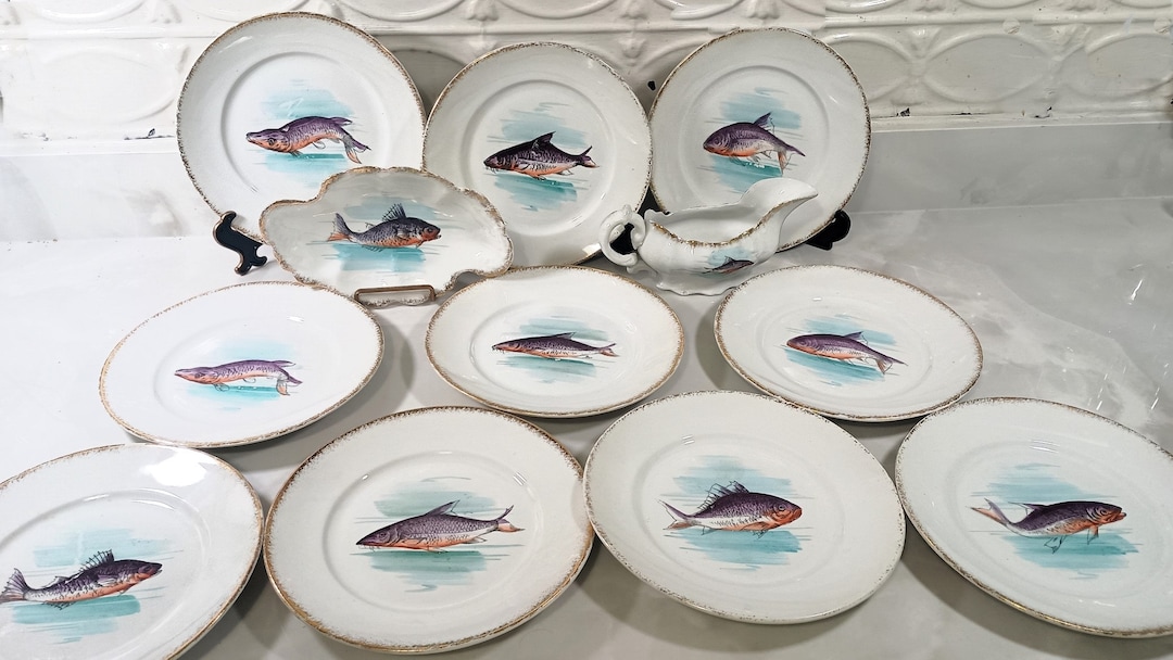 Antique Hand-painted Fish Display Dinnerware, Plates, Gravy, and Candy ...