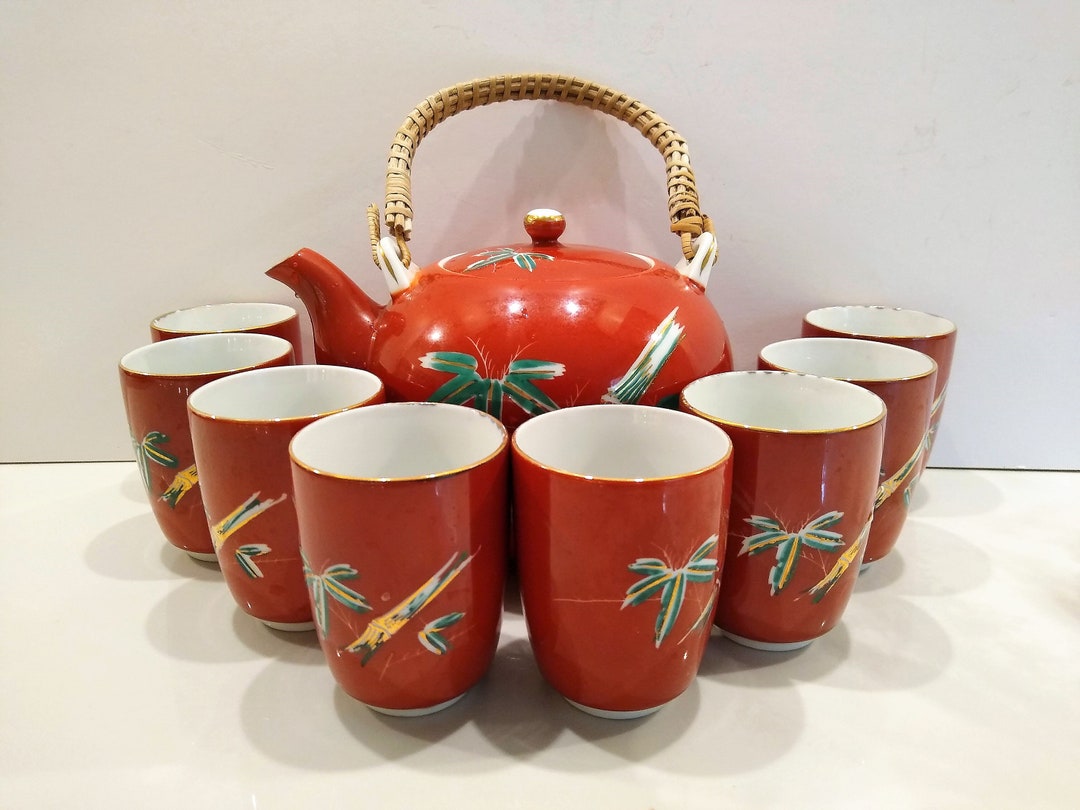 Vintage Japanese Tea Set 1950s Bright Red Orange With Hand - Etsy