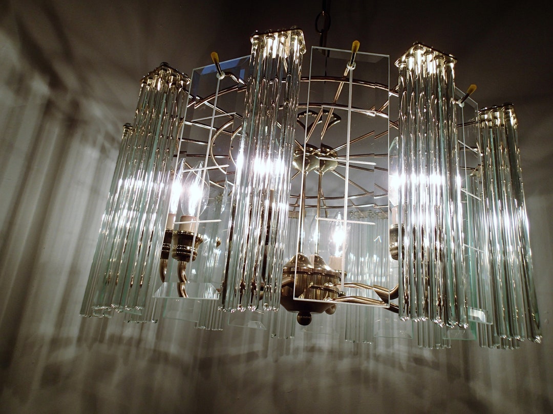 Mid Century Glass Rod and Beveled Glass Panel Chandelier, Reminds Me of ...