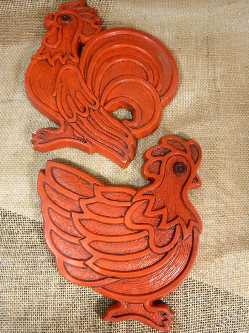 Chicken Ceramic Wall Plaques Orange Hen and Crowing Rooster | Etsy