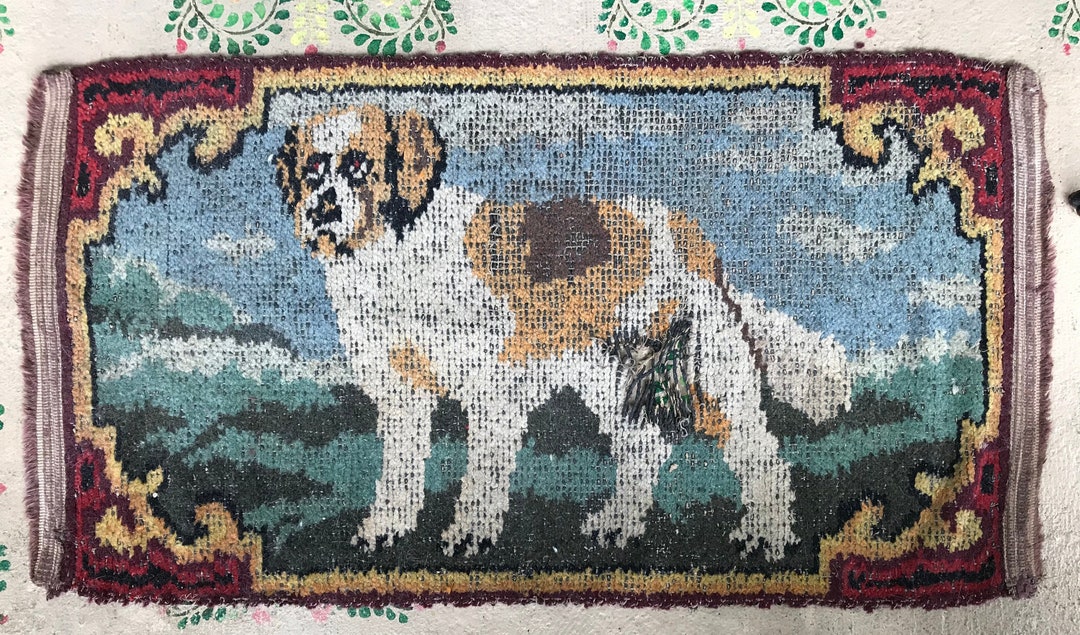 Vintage Dog Rug, 1940s Throw Rug Hooked, Tapestry Animal Rug, Colors ...