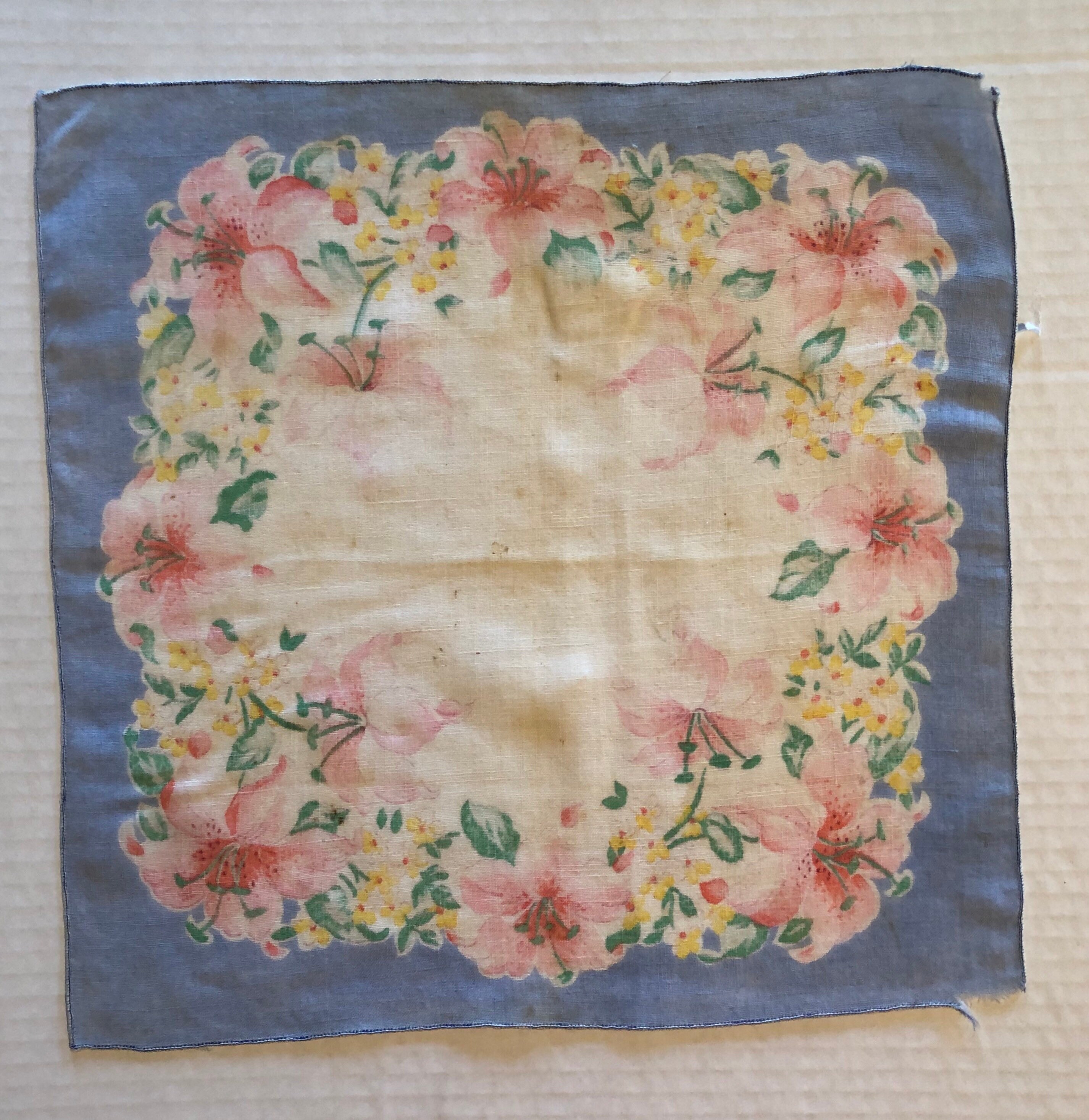 Vintage Handkerchief Cotton Fabric in Pastels. Blue, Pinks Green ...