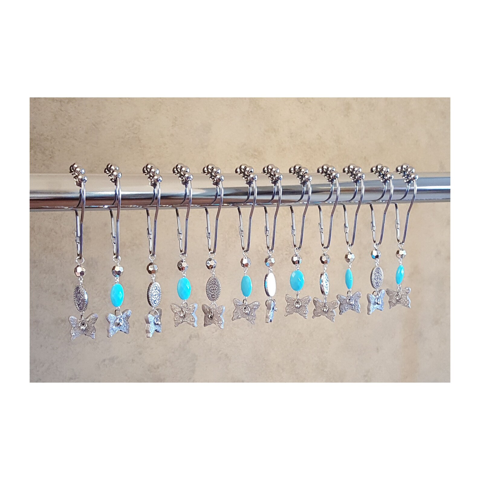 Decorative Shower Curtain Hooks.. Silver Butterflies and Beads...set of ...