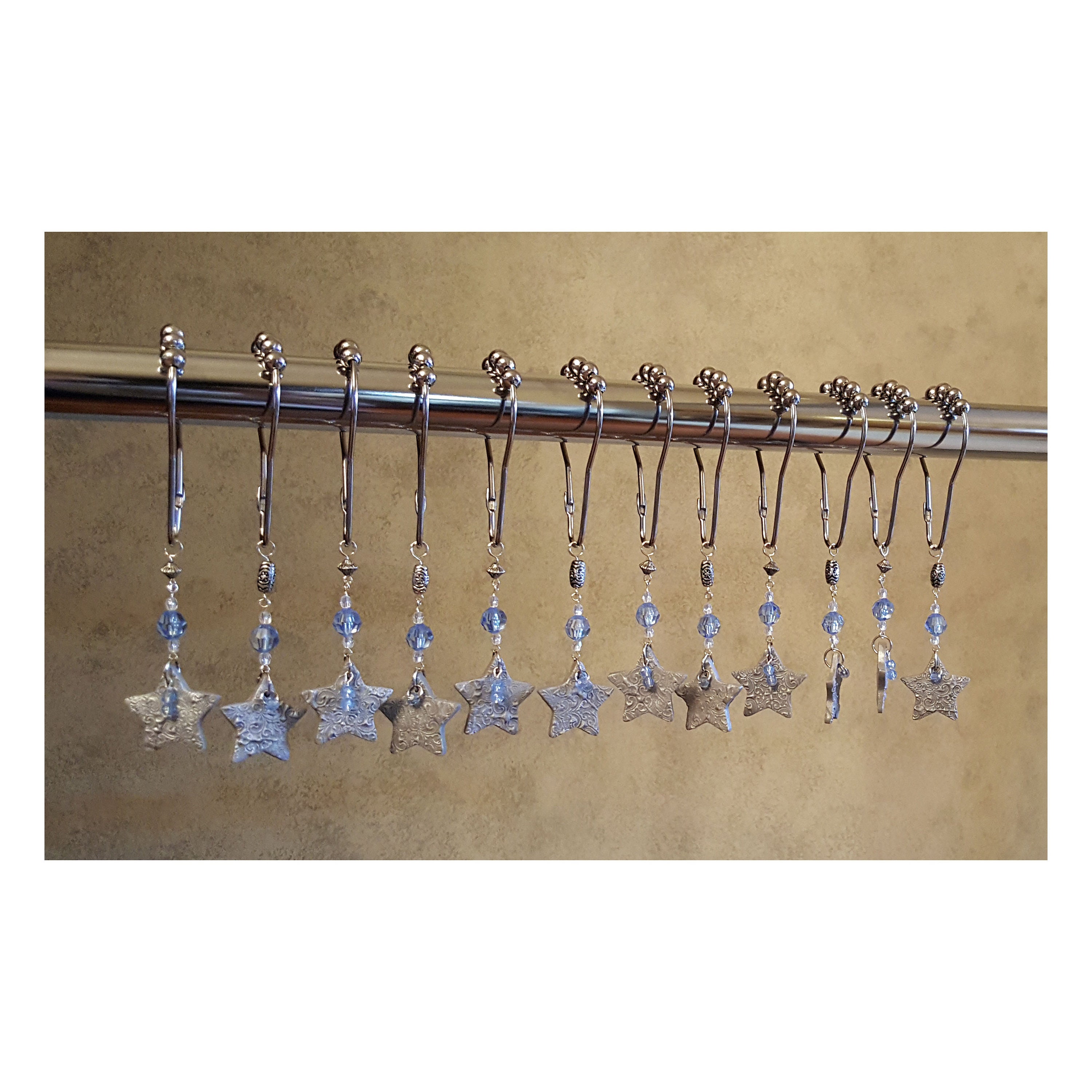 Decorative Shower Curtain Hooks.. Silver Stars With Light Sapphire ...