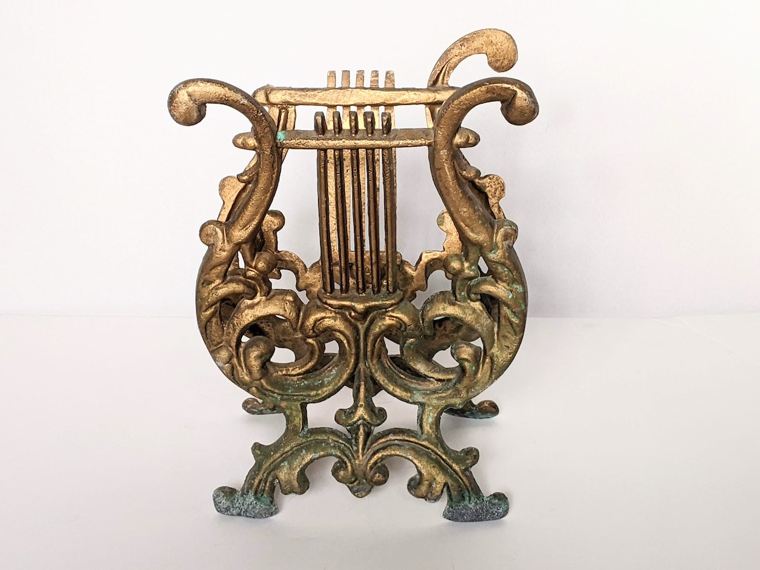 Vintage Cast Metal Gold Lyre Harp Magazine Rack Music Holder Book Stand ...