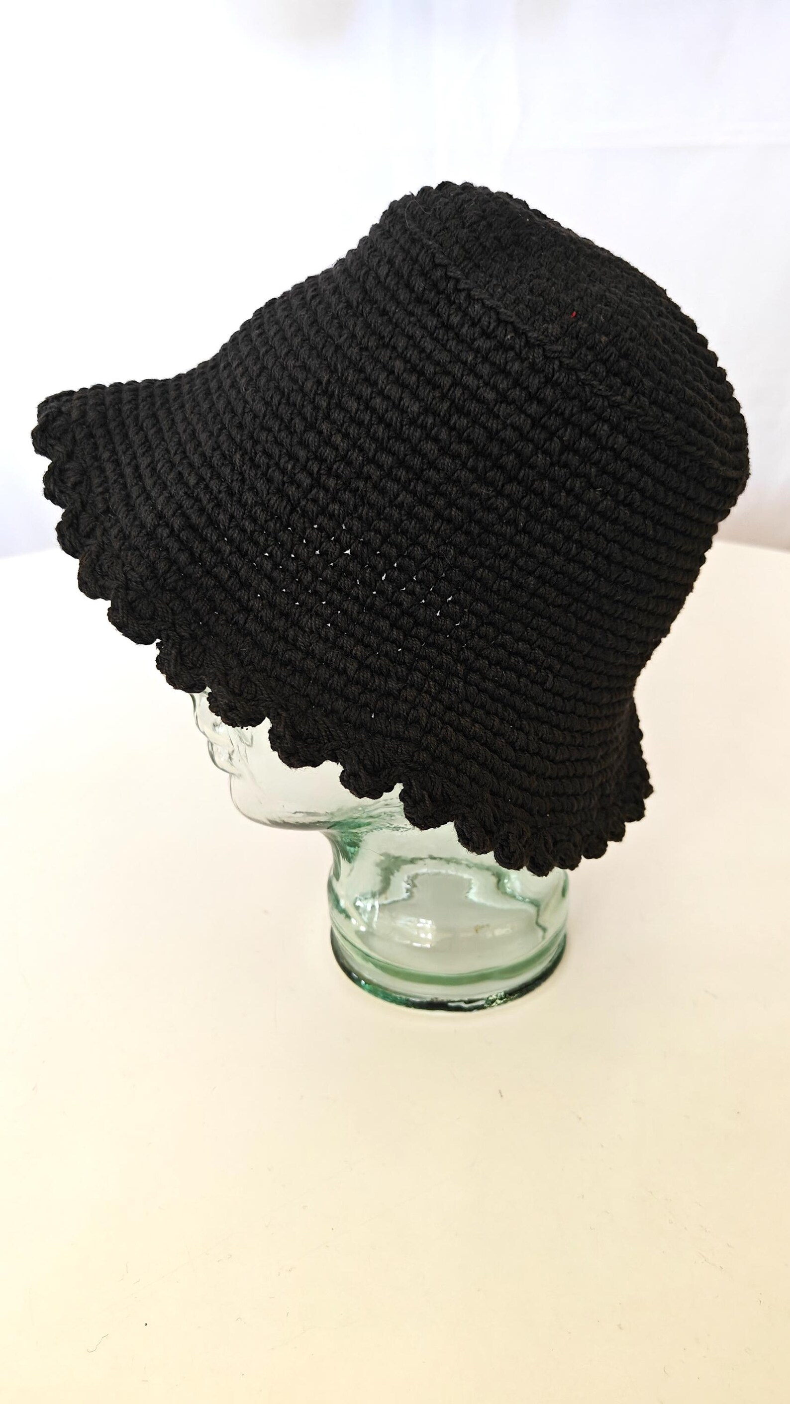 Vintage 1990s Knitted Black Scallop Rimmed Bucket Hat - Made by Cheppu ...