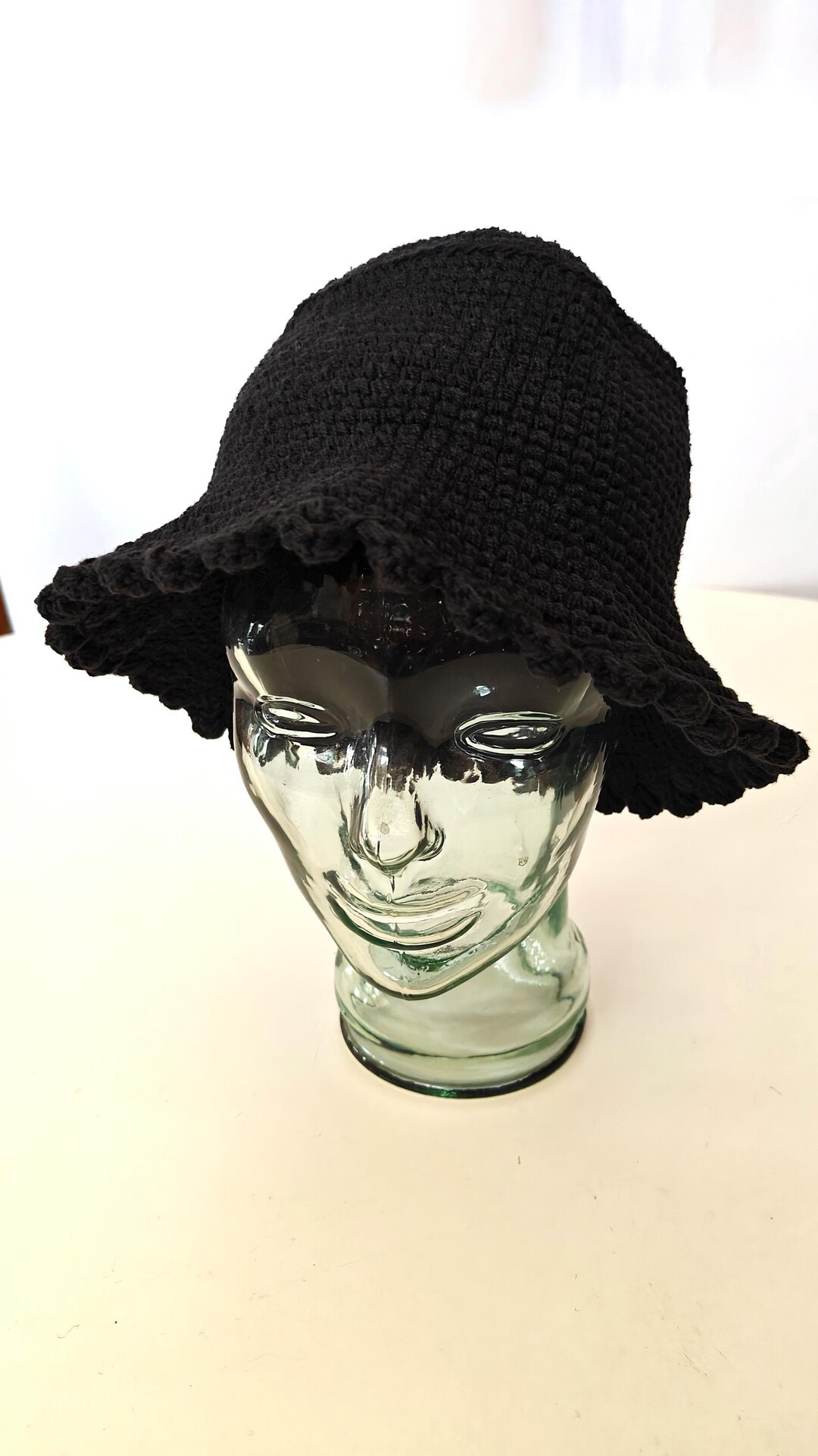 Vintage 1990s Knitted Black Scallop Rimmed Bucket Hat - Made by Cheppu ...