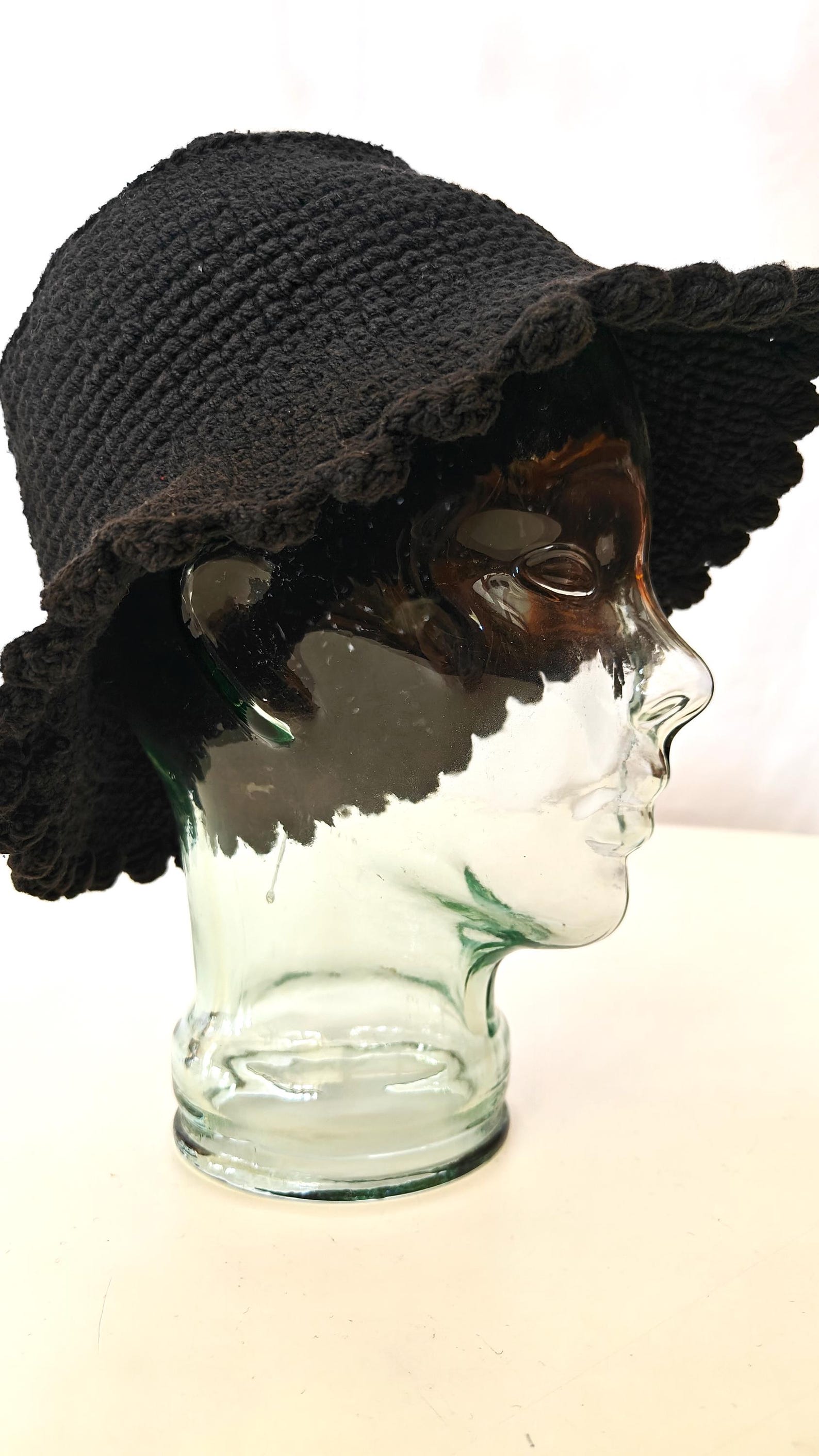 Vintage 1990s Knitted Black Scallop Rimmed Bucket Hat - Made by Cheppu ...