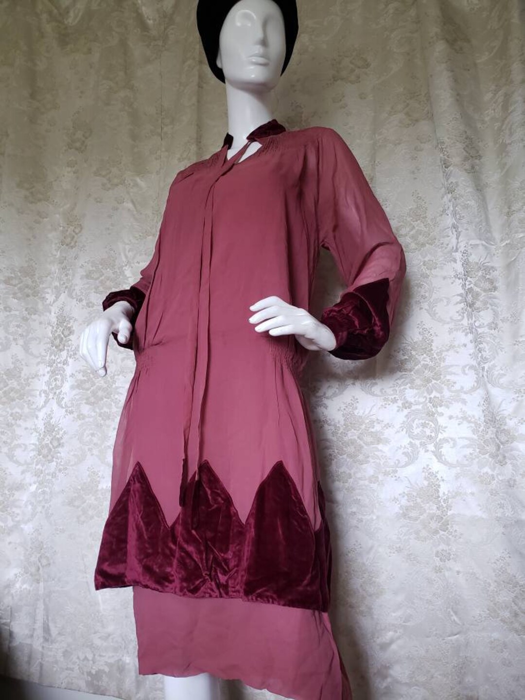 Merlot Hand Stitched Velvet Crepe Chiffon 1920s Flapper Dress - Etsy