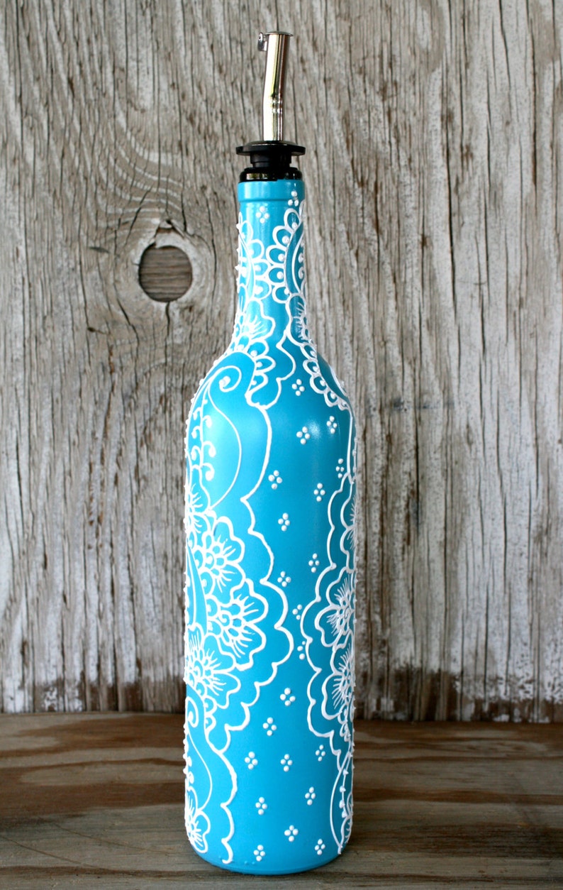 Hand Painted Wine Bottle Olive Oil Pourer, Turquoise and White, Vibrant ...
