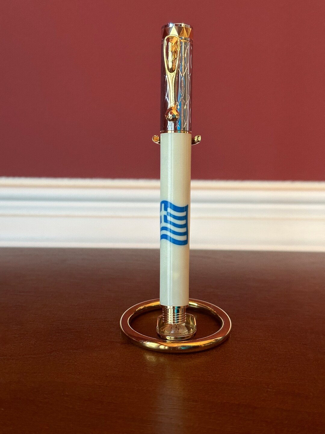 Greek Flag Rollerball Pen | White Pearl Acrylic | Gold Chrome Finish ...