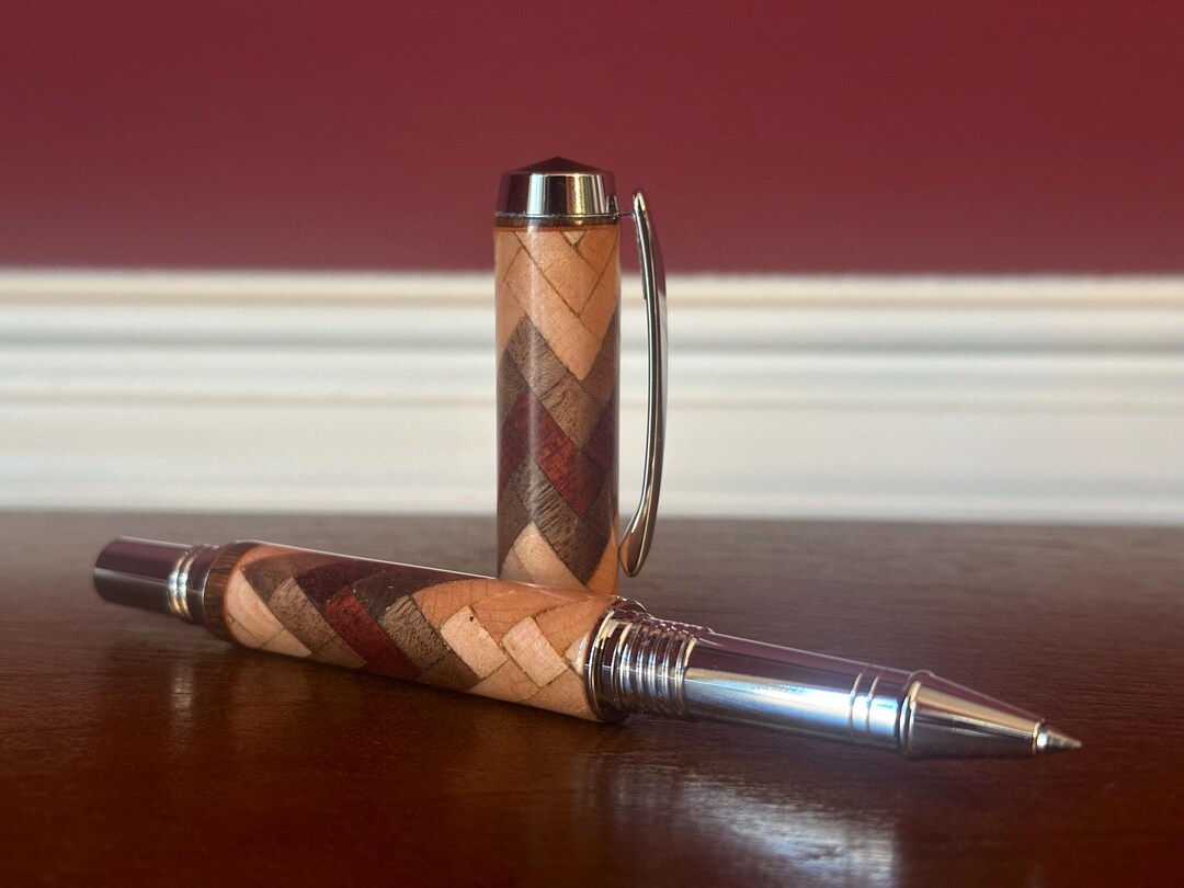 Herringbone Wood Pen – Handmade Segmented Design, Chrome Rollerball ...