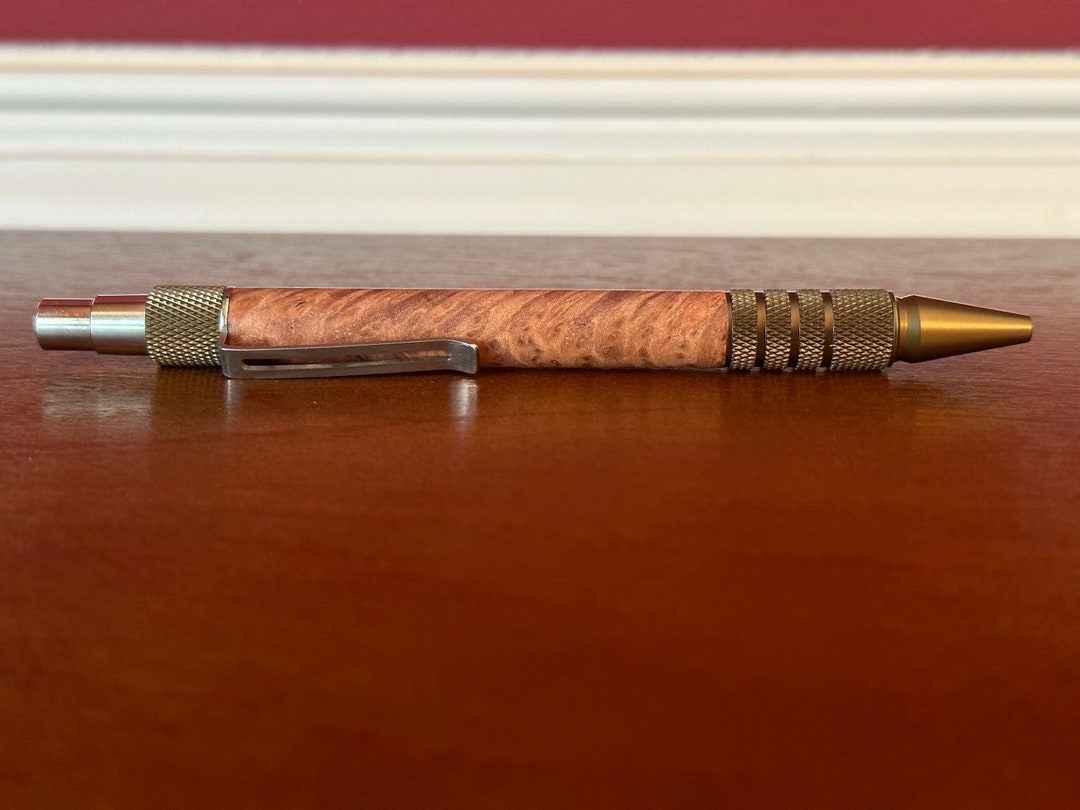 Dura Click Every Day Carry Pen Redwood Burl Stabalized Wood Handmade EDC Pen Annodized Burnt ...