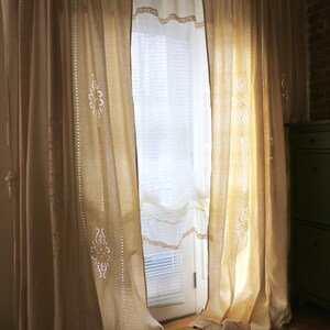 Stunning Shabby Chic Linen Hand Drawnwork Joint Hem Lace Rod Pocket ...