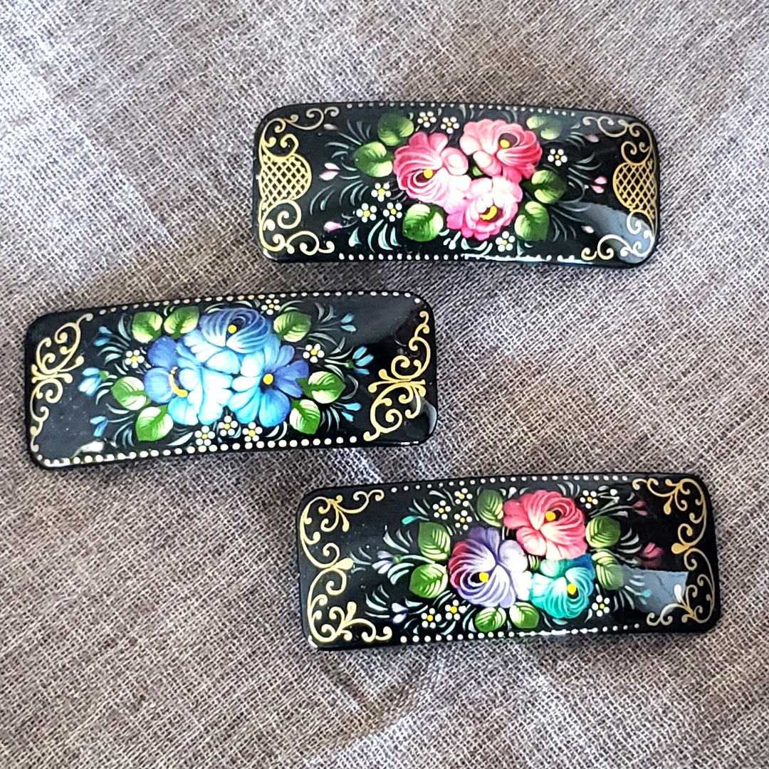 Traditional Barrette Hand Painted Flowers Hair Clip Zhostovo Floral ...