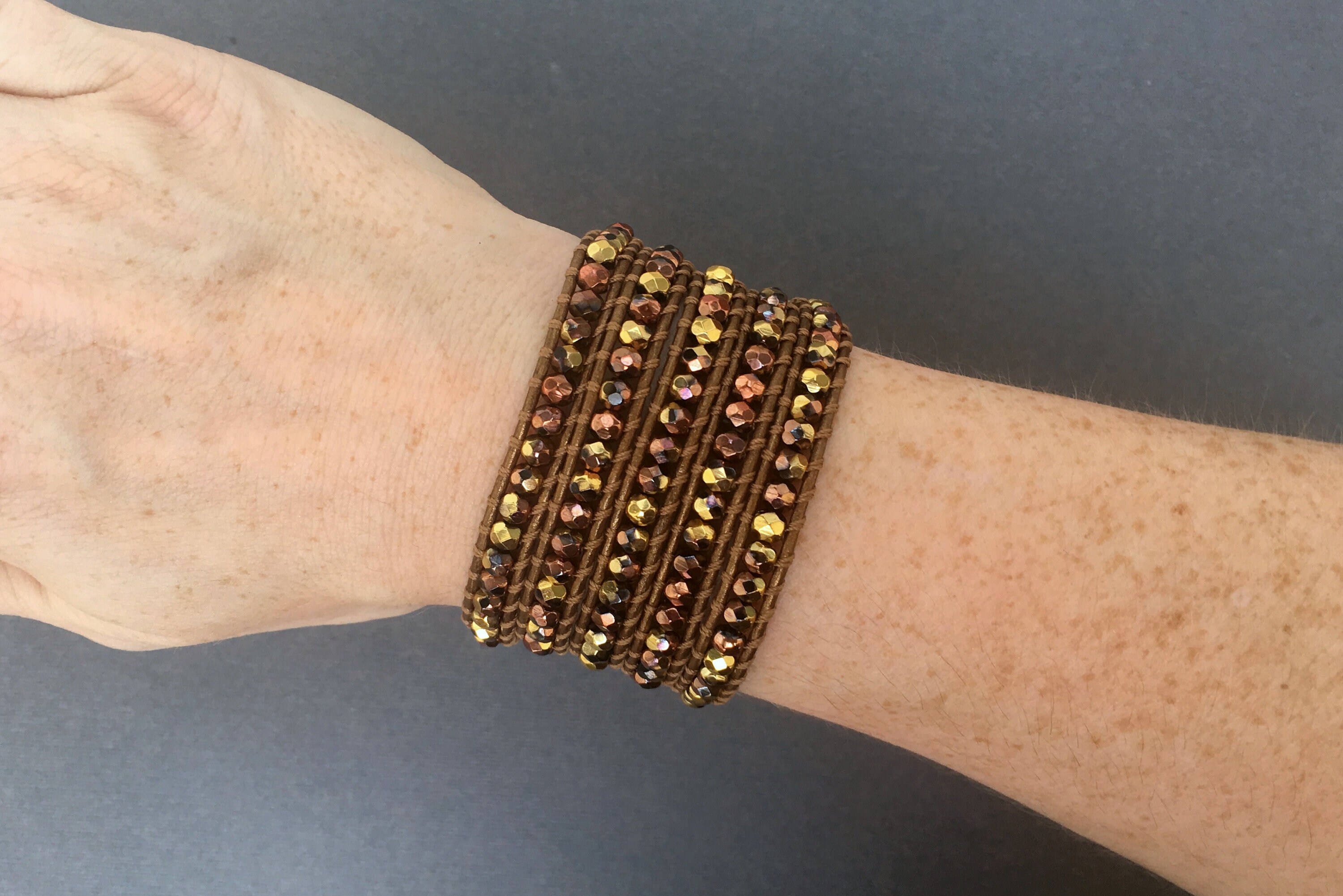 Wrap bracelet gold rush crystal on bronze leather beaded | Etsy