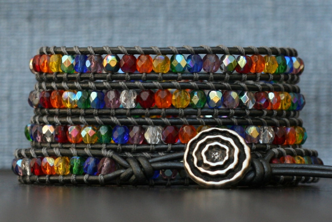 Rainbow Crystal Bracelet - Multicolor Crystal on Pewter Leather - Pride ...