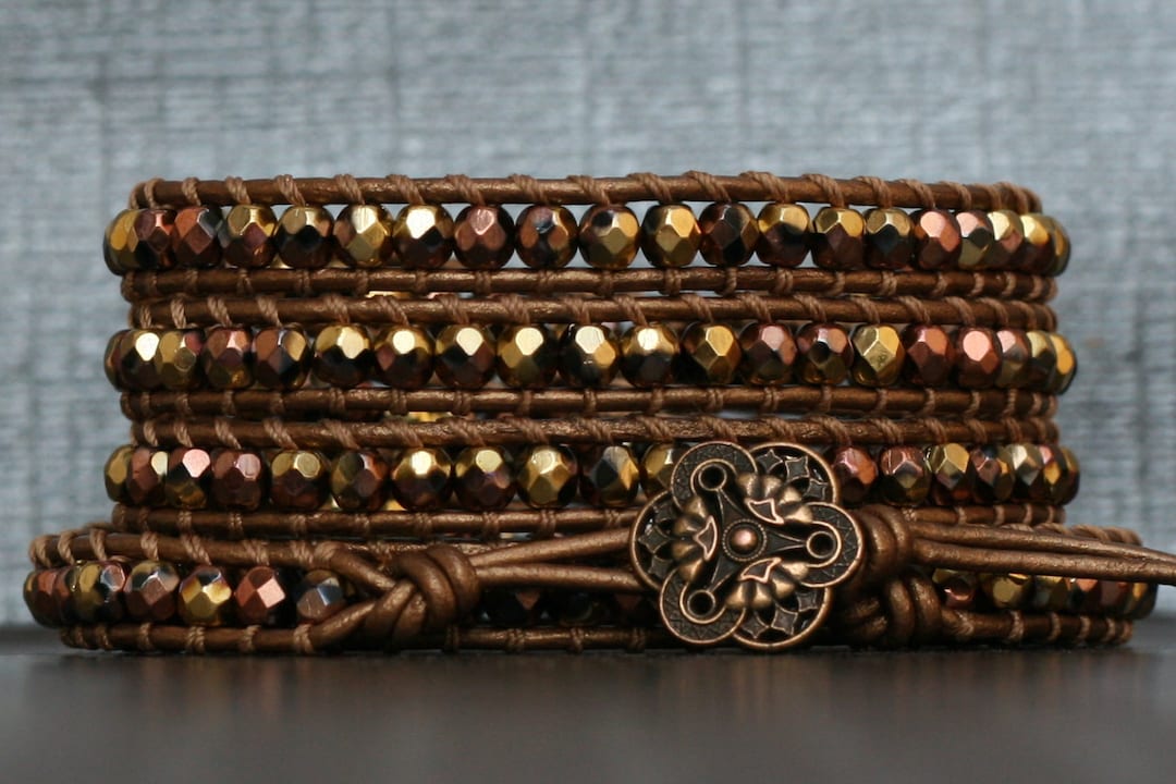Wrap Bracelet- Gold Rush Crystal on Bronze Leather- Beaded - Copper ...