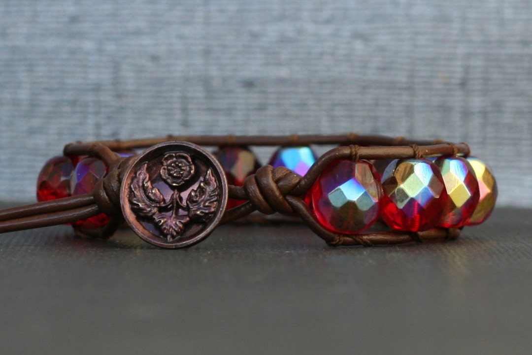 Ruby Red Bracelet - Leather and Crystal Wrap Bracelet - Dark Brown ...