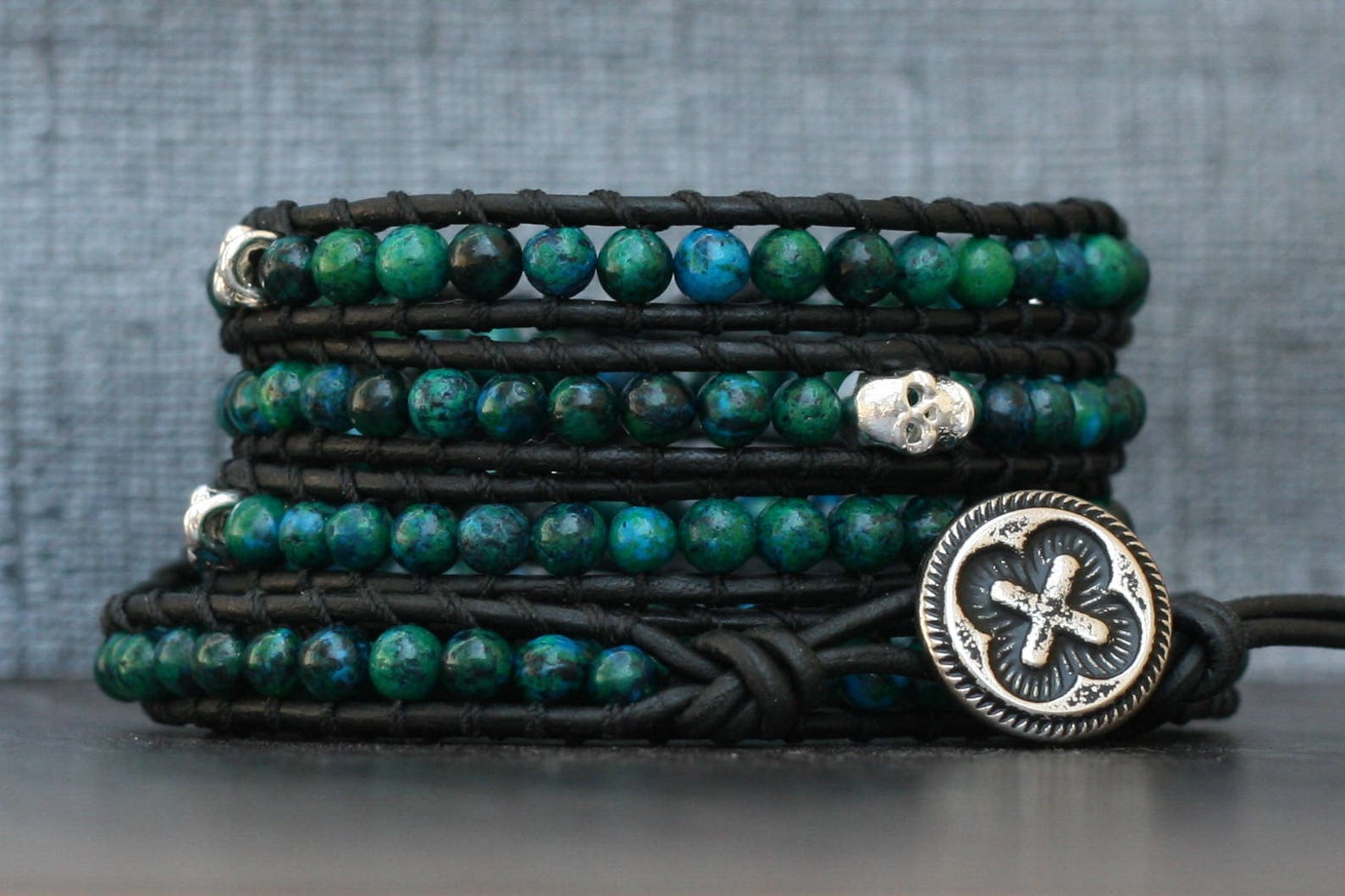 Skull Wrap Bracelet- Silver Skulls and Chrysocolla on Black Leather ...