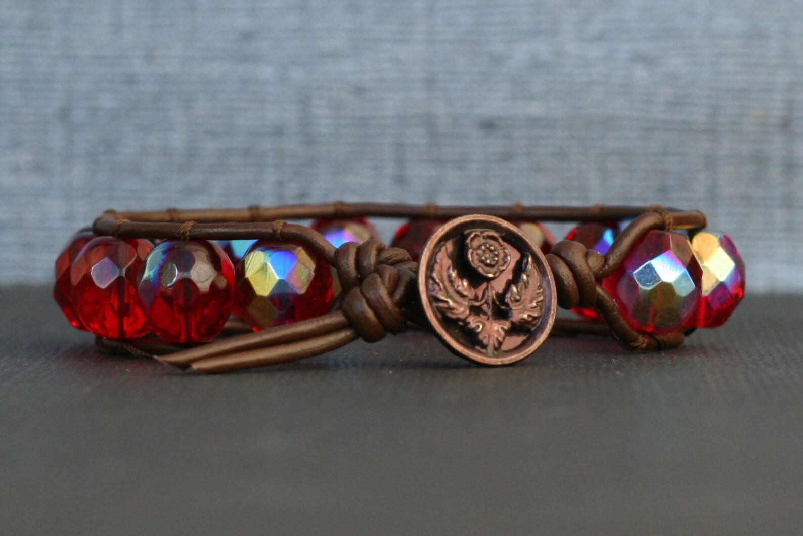 Ruby Red Bracelet - Leather and Crystal Wrap Bracelet - Dark Brown ...
