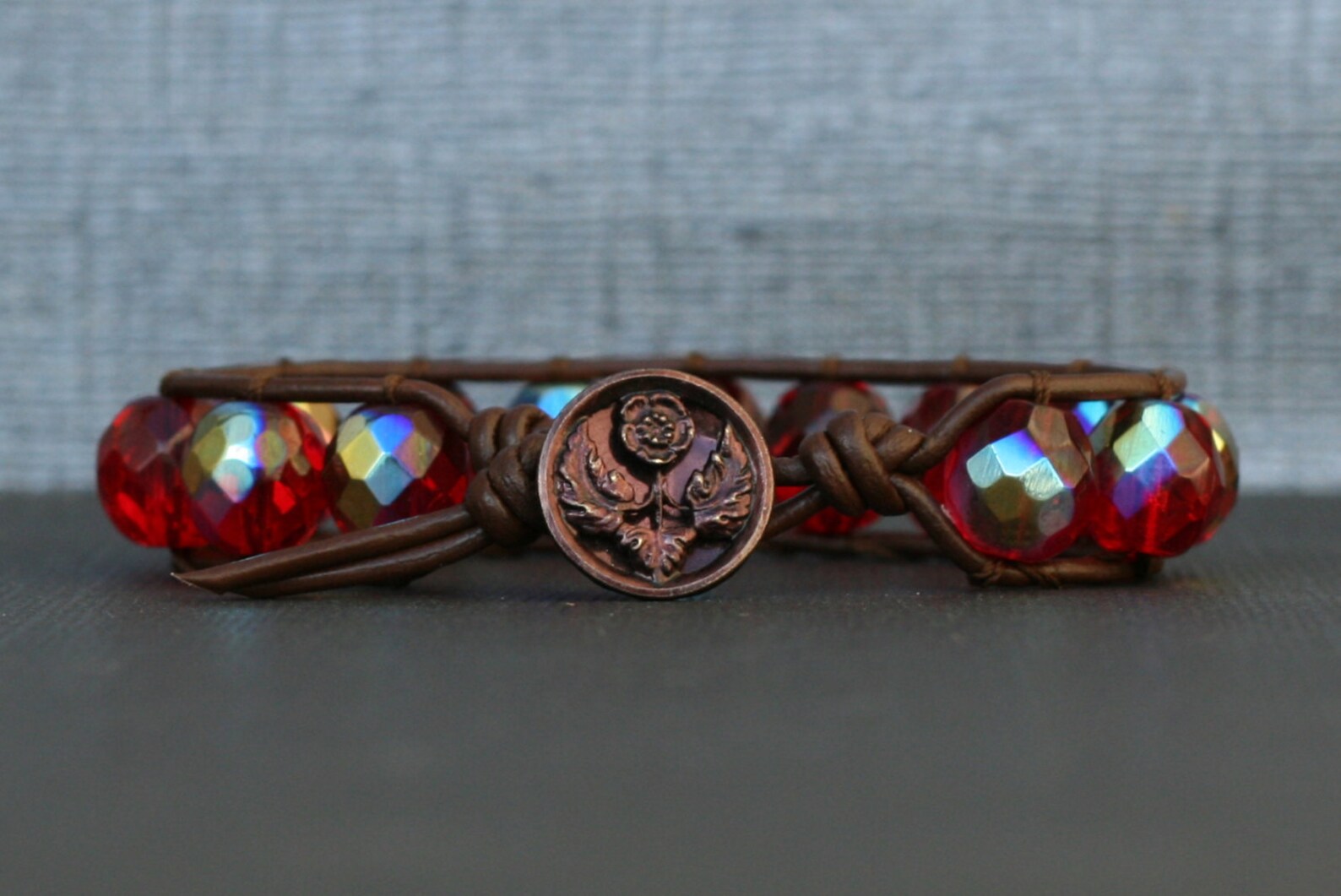 Ruby Red Bracelet - Leather and Crystal Wrap Bracelet - Dark Brown ...