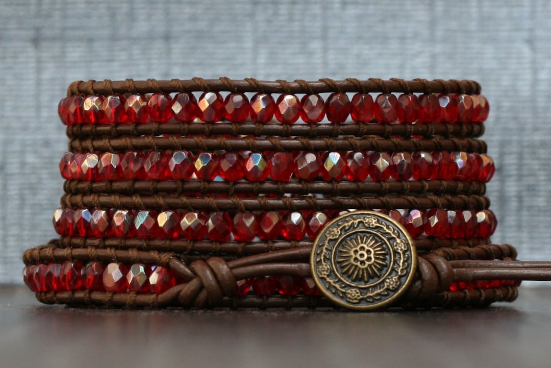 Ruby Crystal Wrap Bracelet- Ruby Red Aurora Borealis Crystal on Dark ...