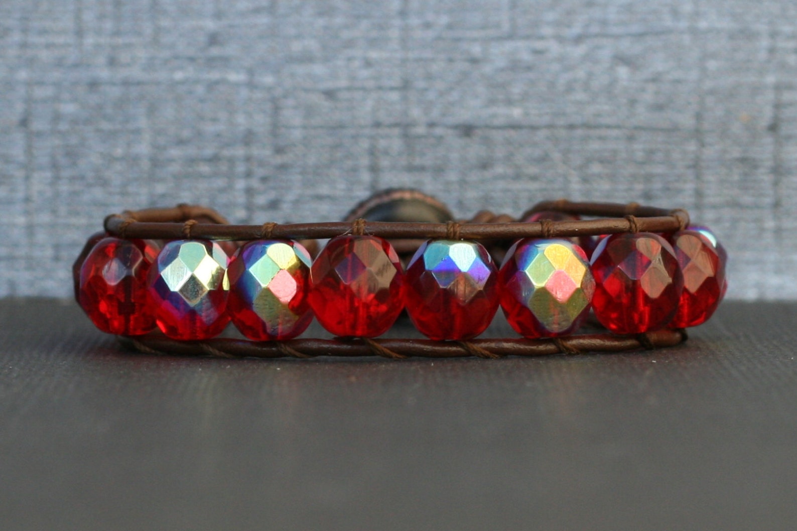 Ruby Red Bracelet - Leather and Crystal Wrap Bracelet - Dark Brown ...