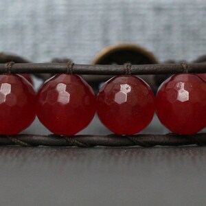 Ruby Red Jade on Black Brown Leather Boho Wrap Bracelet Bangle Single ...